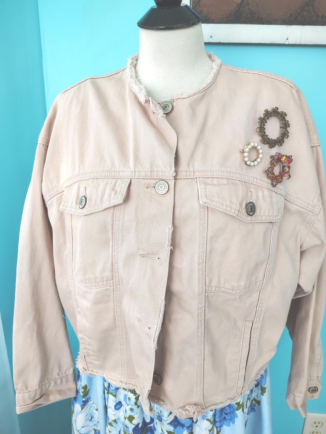 Upcycled BLUSH PINK DENIM Jacket With Raw Frayed Edges Cropped Bohemian ...