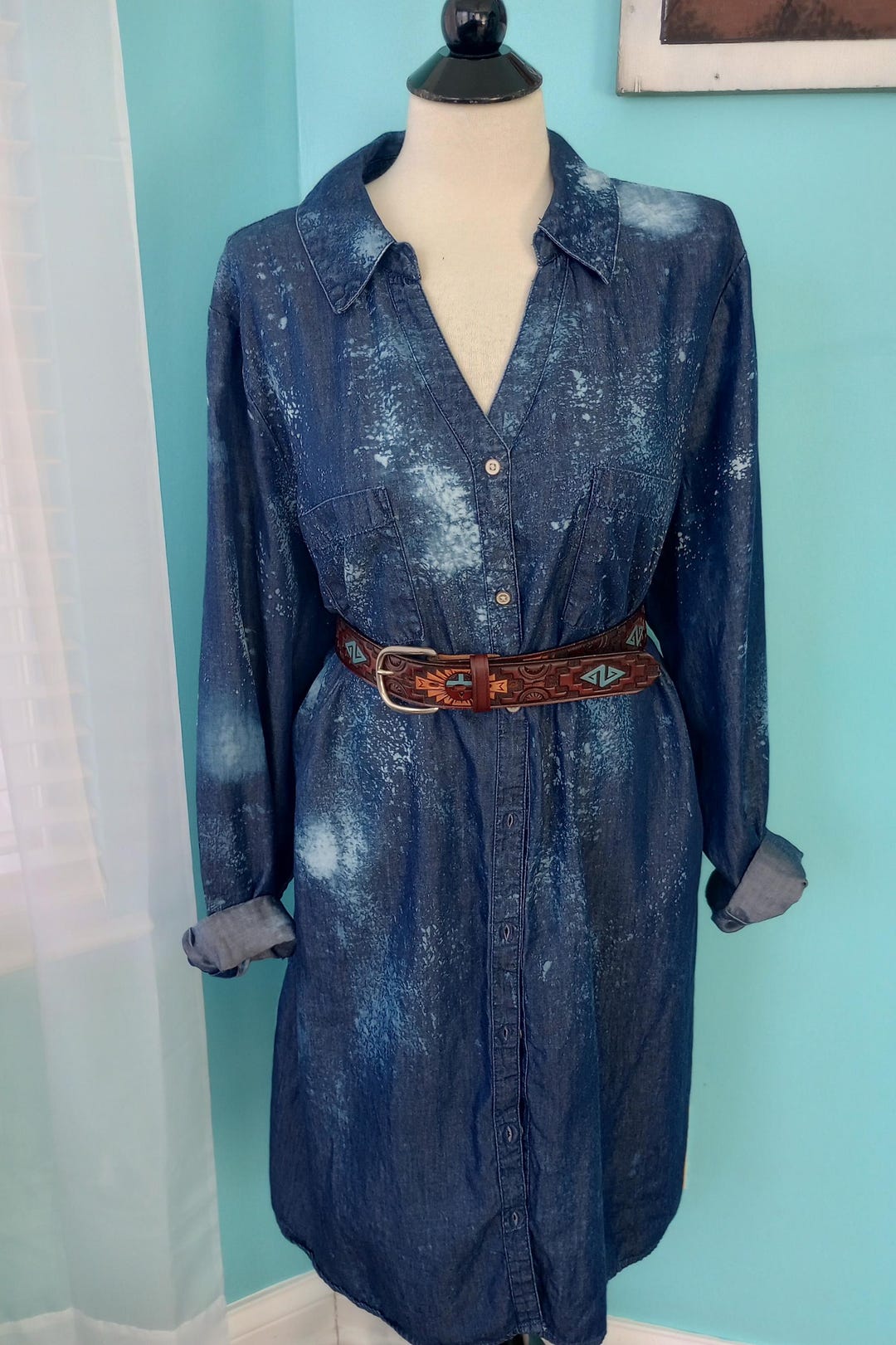 Bleached Blue Chambray Long Duster Shirt Jacket Dark Denim Dress PLUS ...