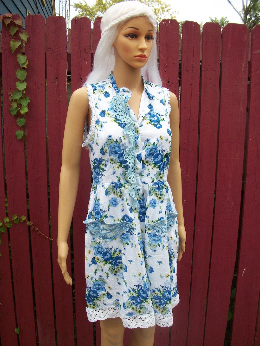 Cottagecore Upcycled Blue Floral BOHO Dress Vintage Lace Trim Gypsy ...
