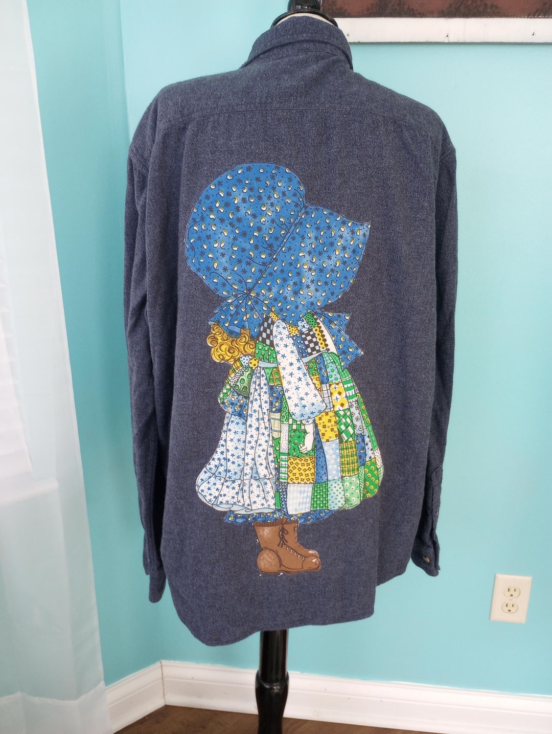 Holly Hobbie Blue Flannel Shirt 80s Vintage Crochet Lace UNIQUE ...