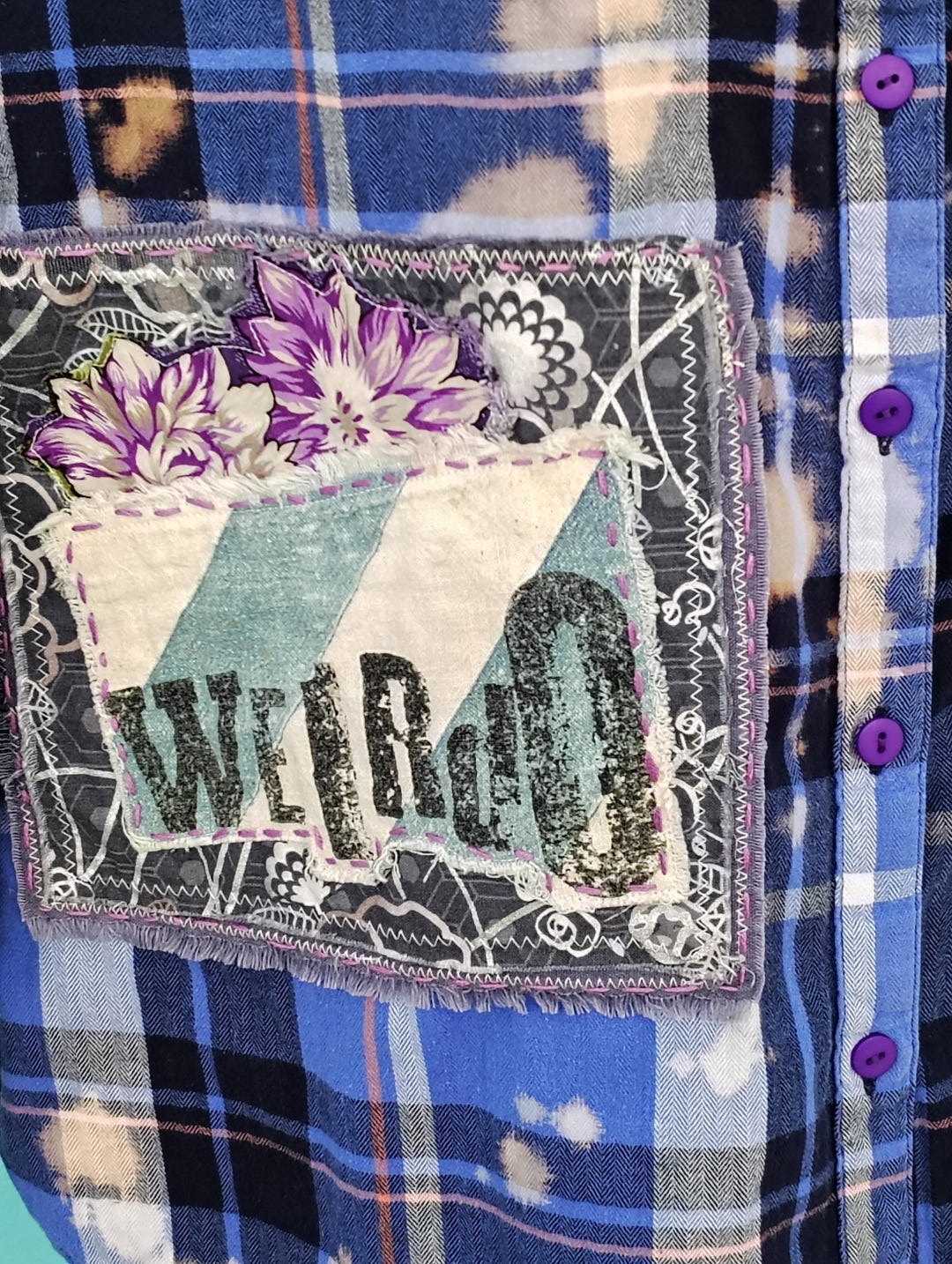 UPCYCLED Blue Plaid Flannel Handmade WEIRDO Patch Bleached Size: Xlarge ...
