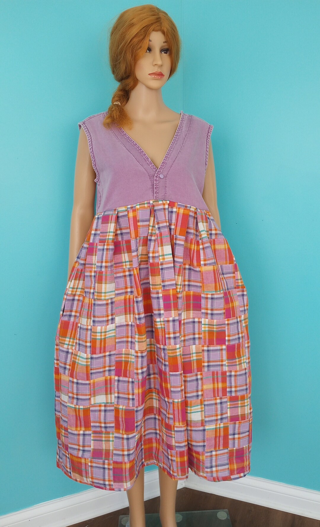 PURPLE & Orange SUNRISE Madras Plaid Sundress Patchwork UPCYCLED Denim ...