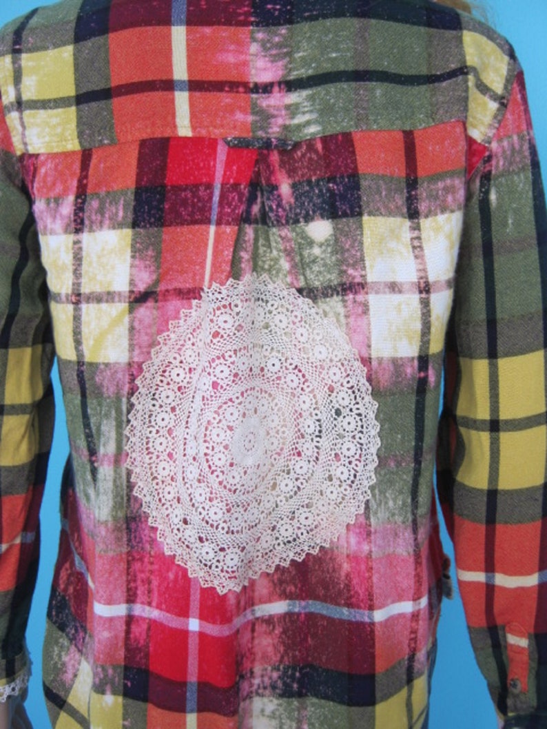 Upcycled Flannel Shirt: Bleach Splatter, Crochet Doily, Lace Trim (size ...