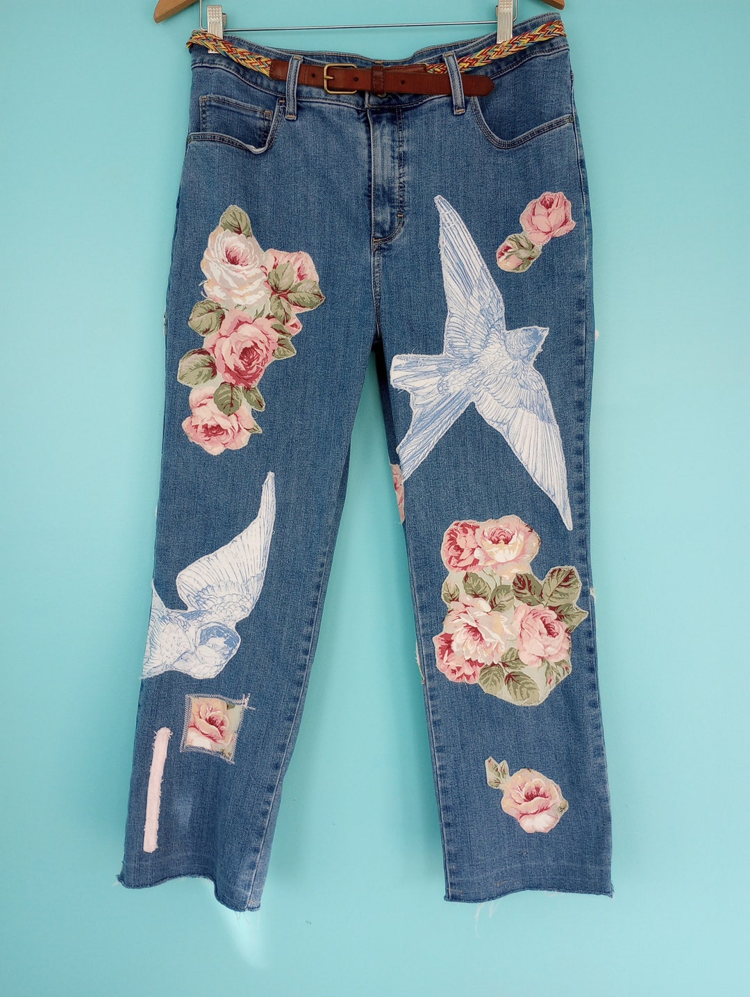 Handmade Patchwork Jeans PINK Roses & Bluebirds UPCYCLED Denim ...