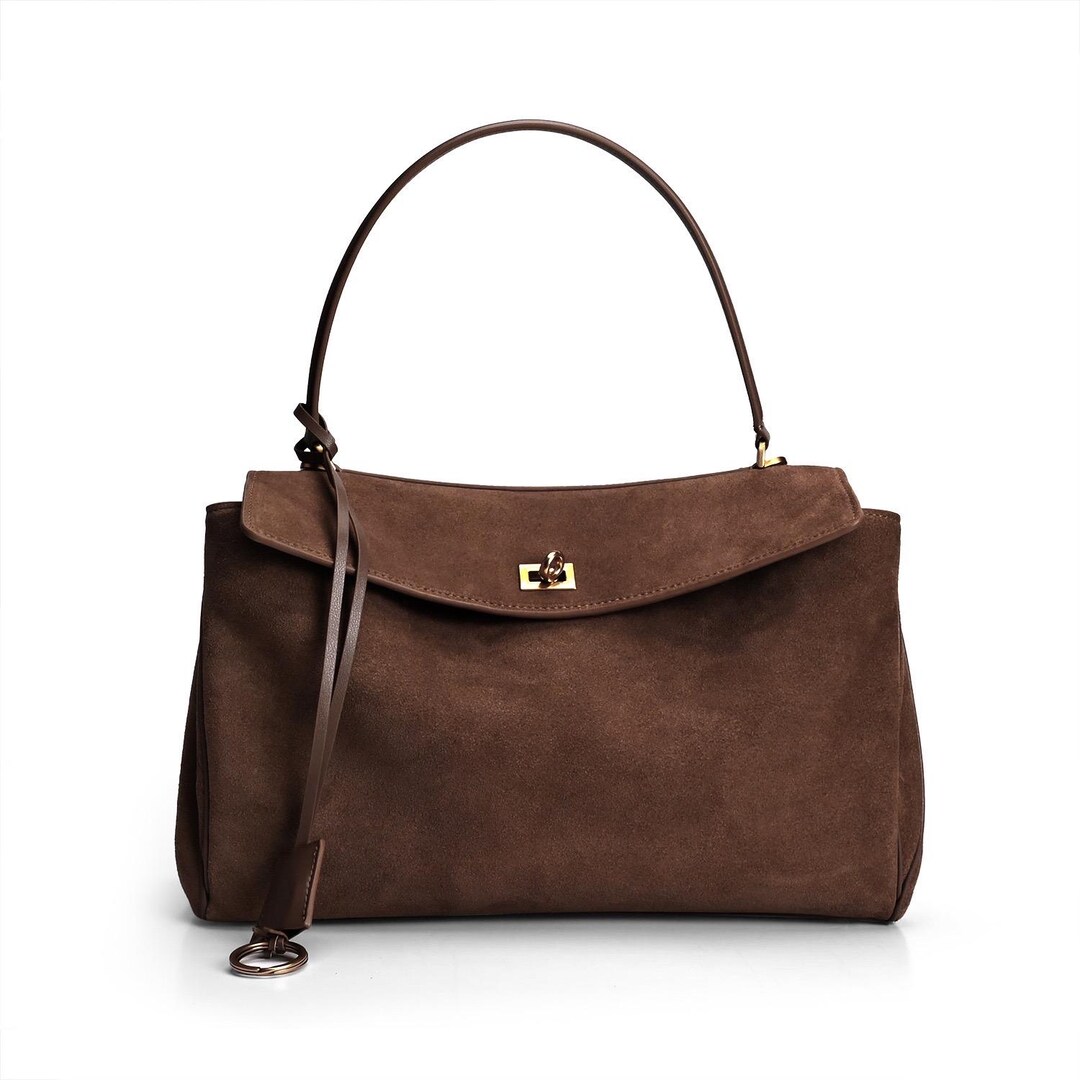 Brown Suede Tote Bag – Structured Shoulder, Gold Hardware, Everyday ...
