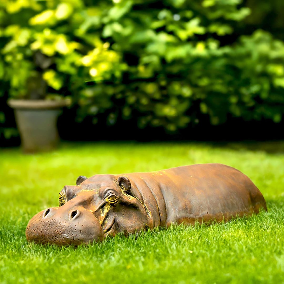 Rusty Resin Hippo Lawn Sculpture | Outdoor Hippopotamus Yard Art - Etsy