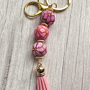 Pink Floral Keychain With Handmade Beads – Gift for Her, Bag Charm ...