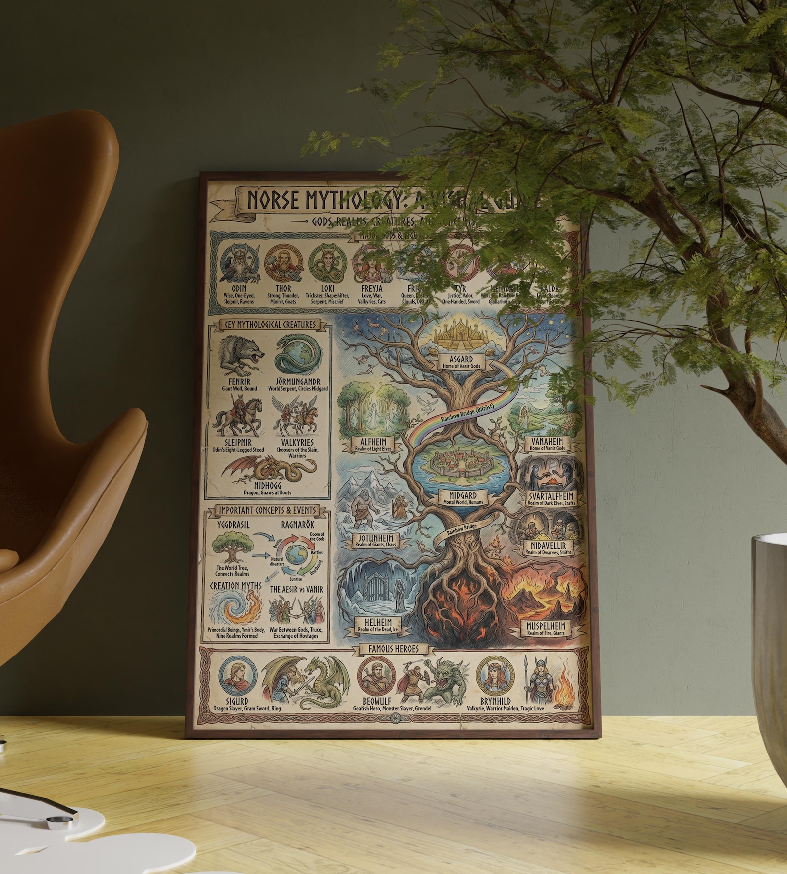 Norse Mythology Wall Art, Yggdrasil Map Guide, Odin Thor Print, Viking ...
