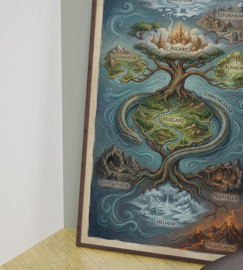 Ancient Norse Mythology Map, Yggdrasil & Nine Realms Poster, Viking ...
