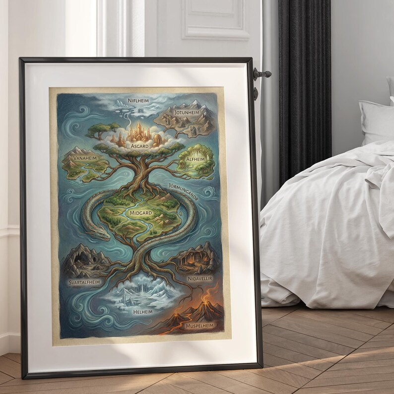 Ancient Norse Mythology Map, Yggdrasil & Nine Realms Poster, Viking ...