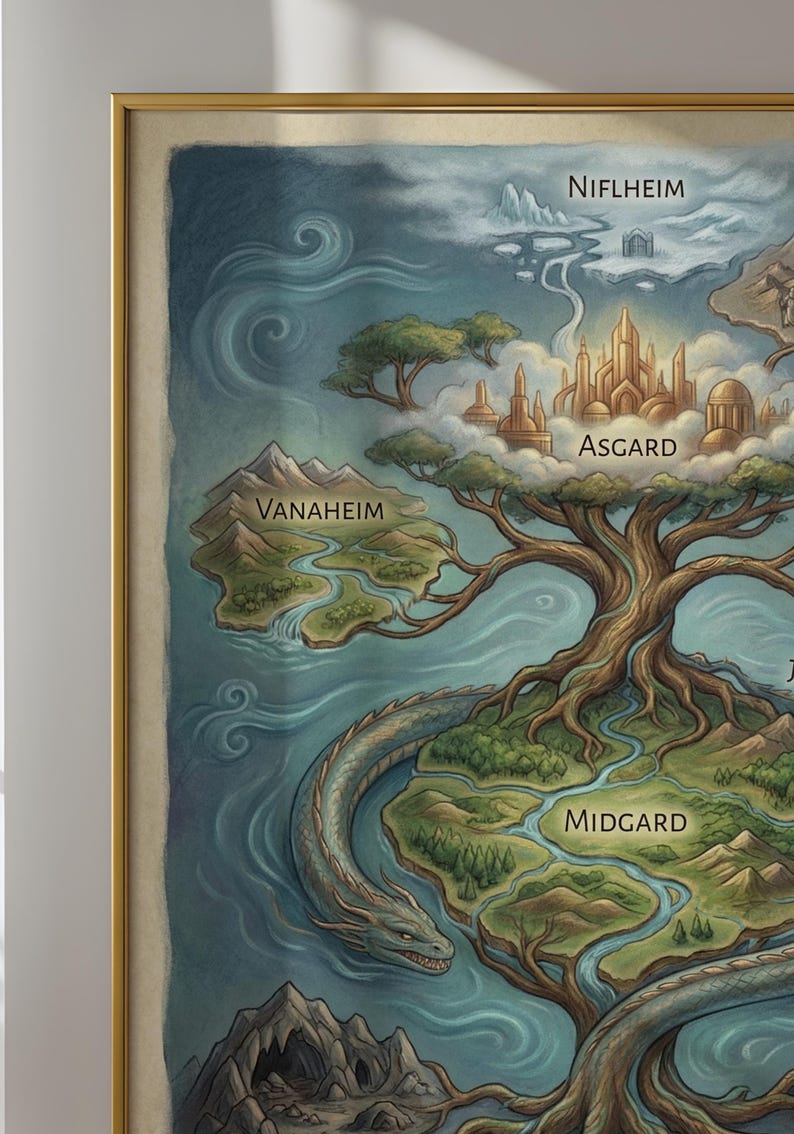 Ancient Norse Mythology Map, Yggdrasil & Nine Realms Poster, Viking ...