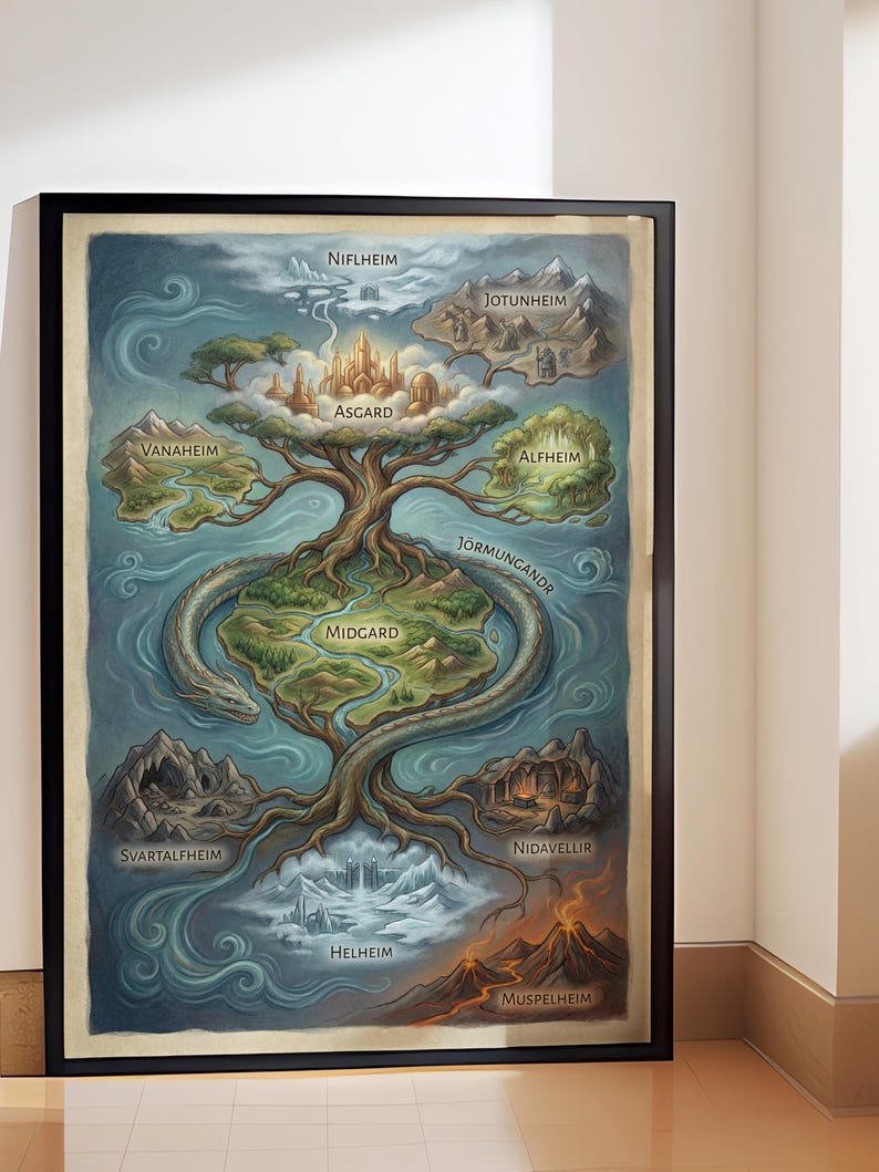 Ancient Norse Mythology Map, Yggdrasil & Nine Realms Poster, Viking ...