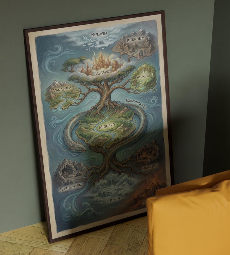 Ancient Norse Mythology Map, Yggdrasil & Nine Realms Poster, Viking ...
