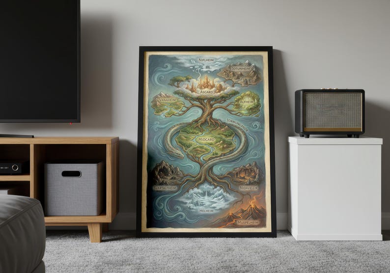 Ancient Norse Mythology Map, Yggdrasil & Nine Realms Poster, Viking ...