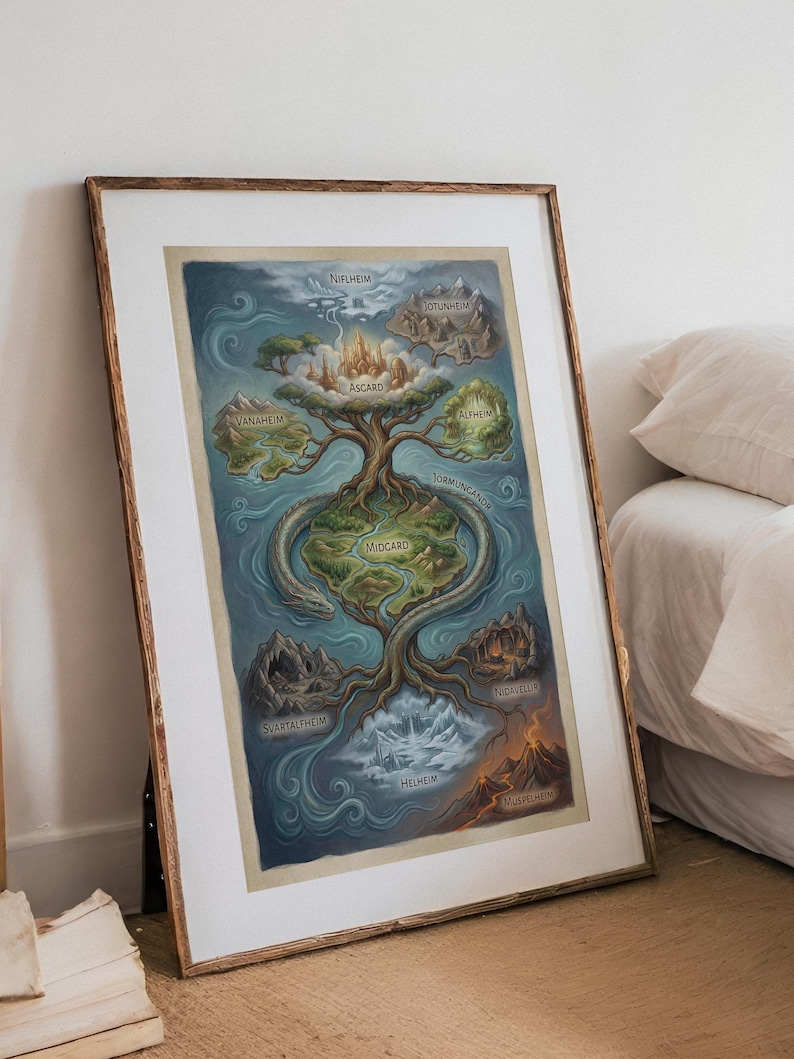Ancient Norse Mythology Map, Yggdrasil & Nine Realms Poster, Viking ...