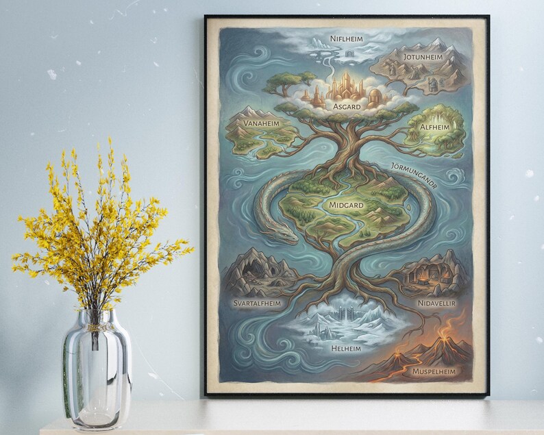 Ancient Norse Mythology Map, Yggdrasil & Nine Realms Poster, Viking ...