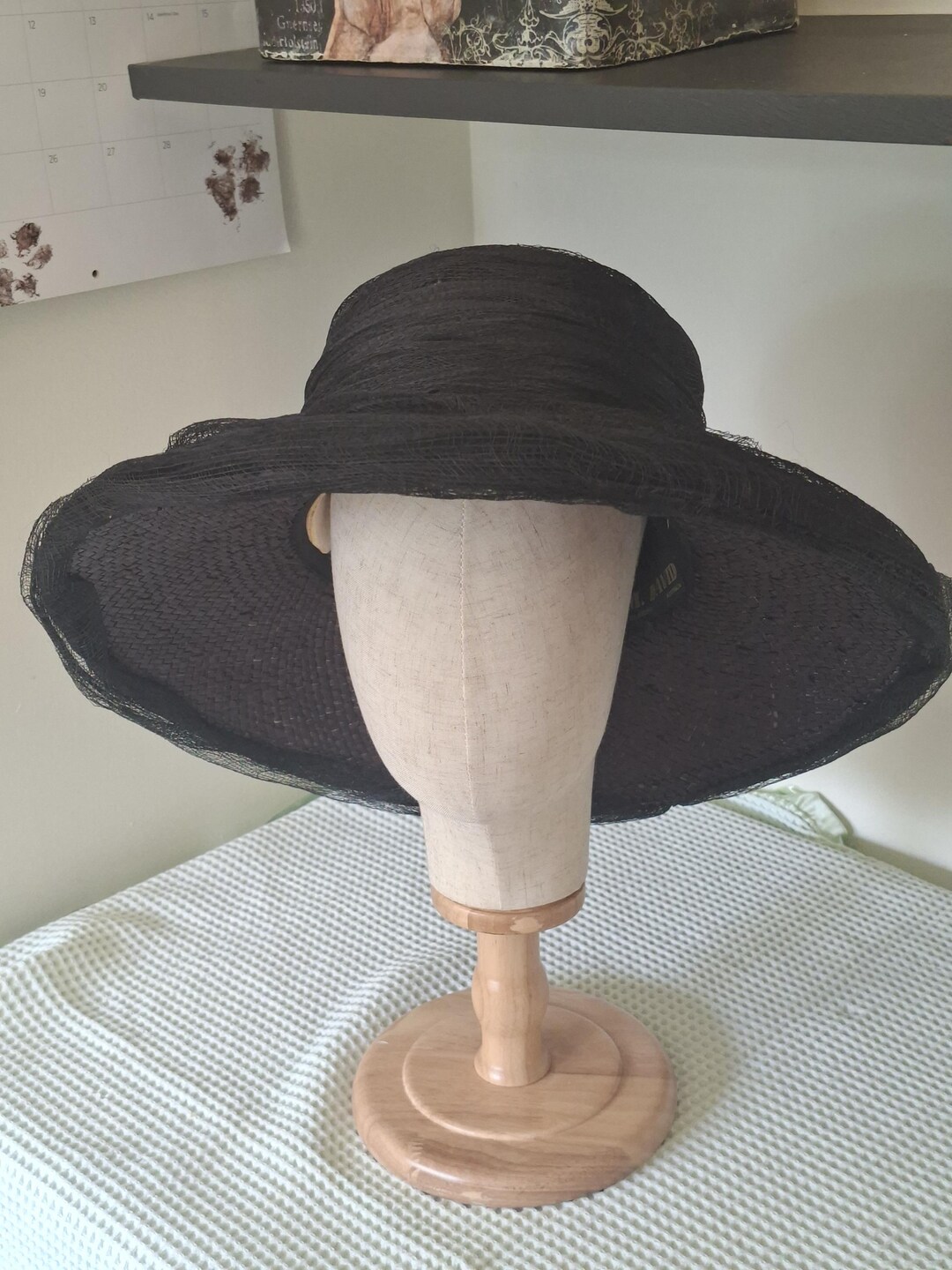 Vintage Wide Brim Black Straw Hat - Feather Detail, M. David Melbourne ...