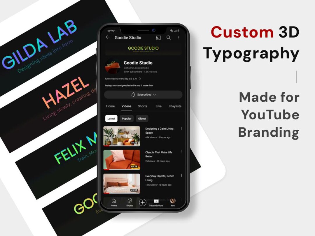 Custom 3D Typography Youtube Banner | Personalized Branding Banner for ...