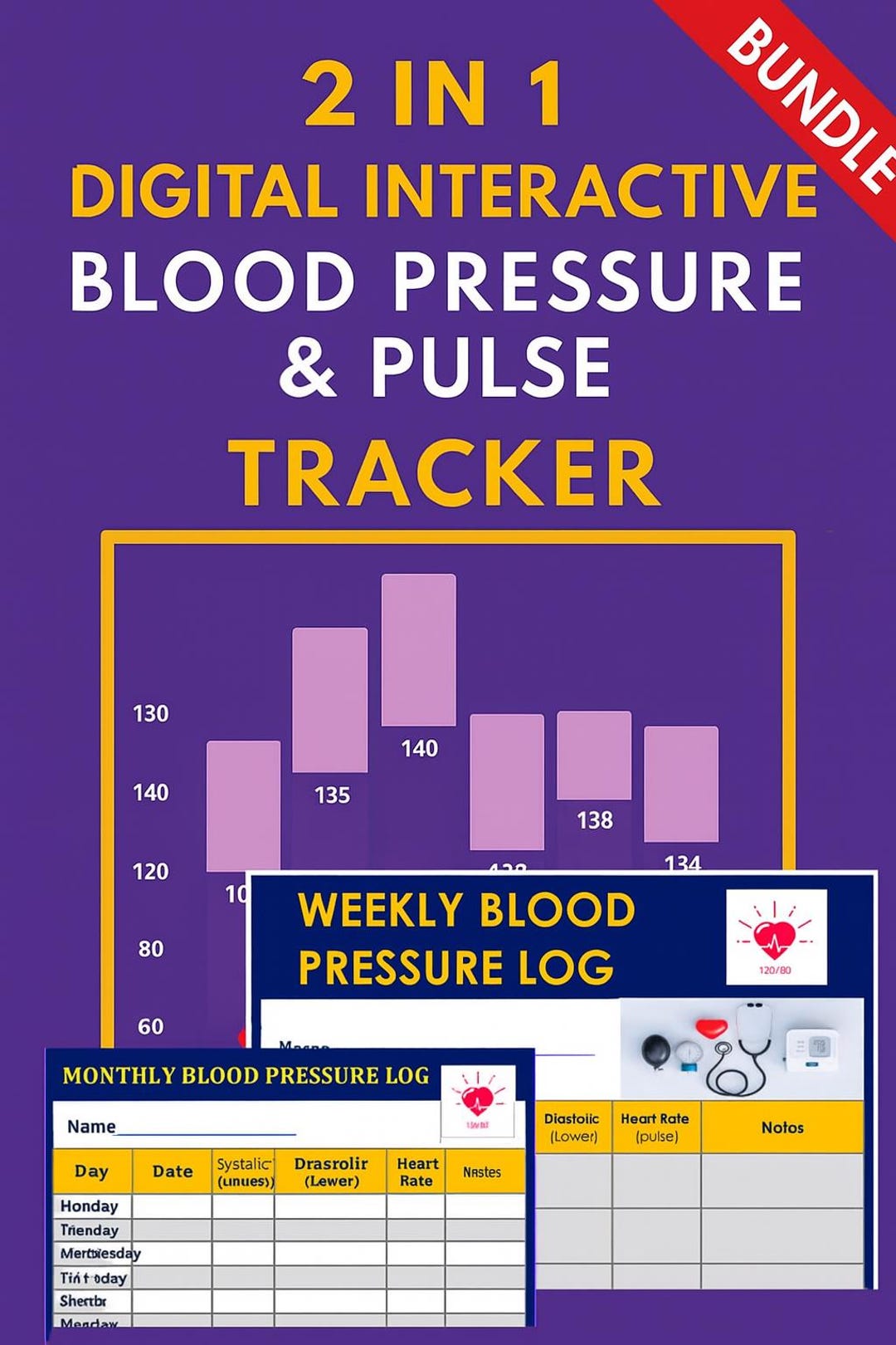 Purple Blood Pressure & Pulse Tracker Bundle (excel + Printable Logs ...