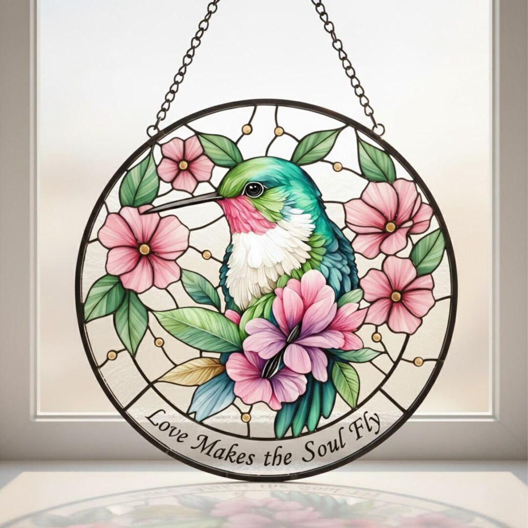 Hummingbird Stained Glass Suncatcher With Love Quote, Floral Window ...