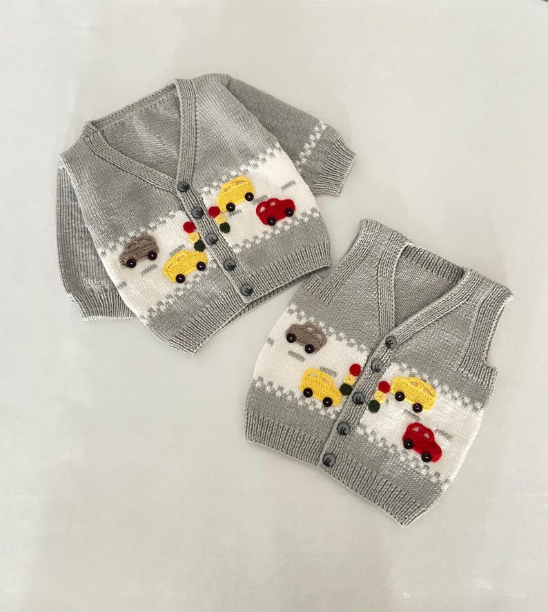 Handmade Knitted Baby Cardigan Vest Set | Car Motifs - Etsy