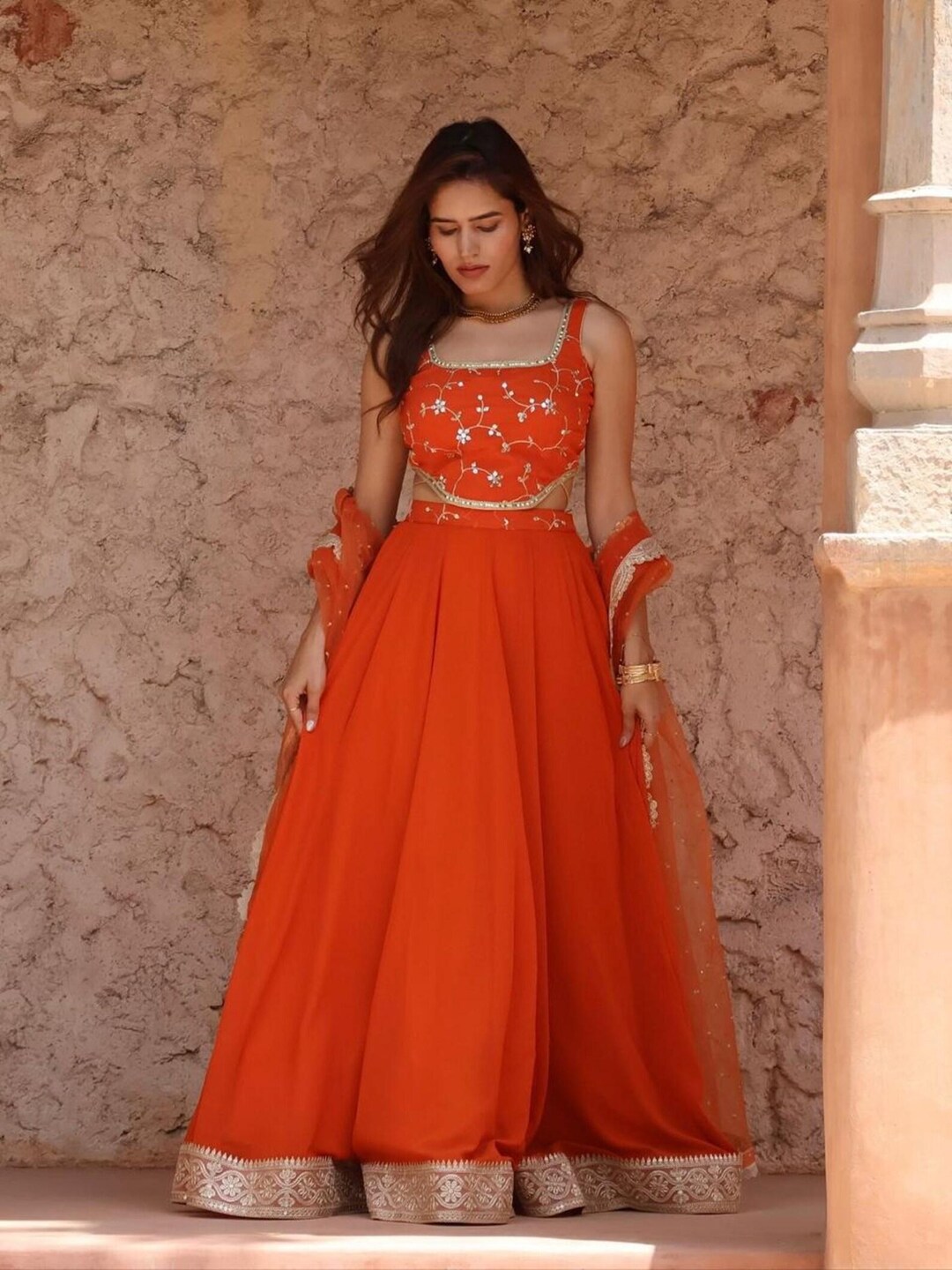 Embroidered Corset Lehenga Choli Set: Rust Orange Indian Bridal Wear - Etsy