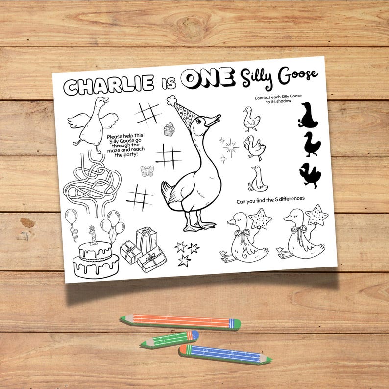 One Silly Goose Birthday Coloring Page, Personalized Party Favor ...