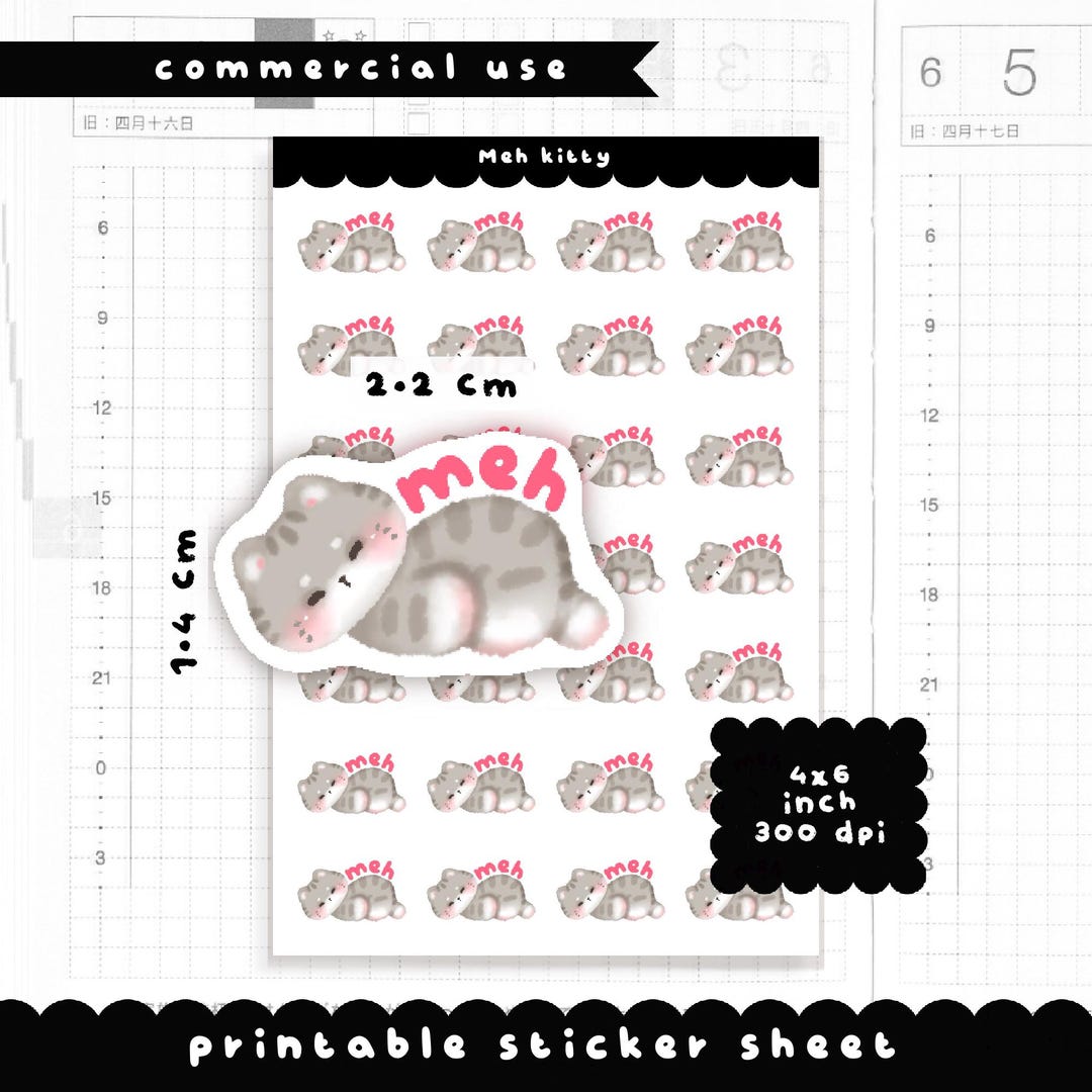 Kawaii Meh Kitty | Printable Sticker Sheet | Commercial Use - Etsy