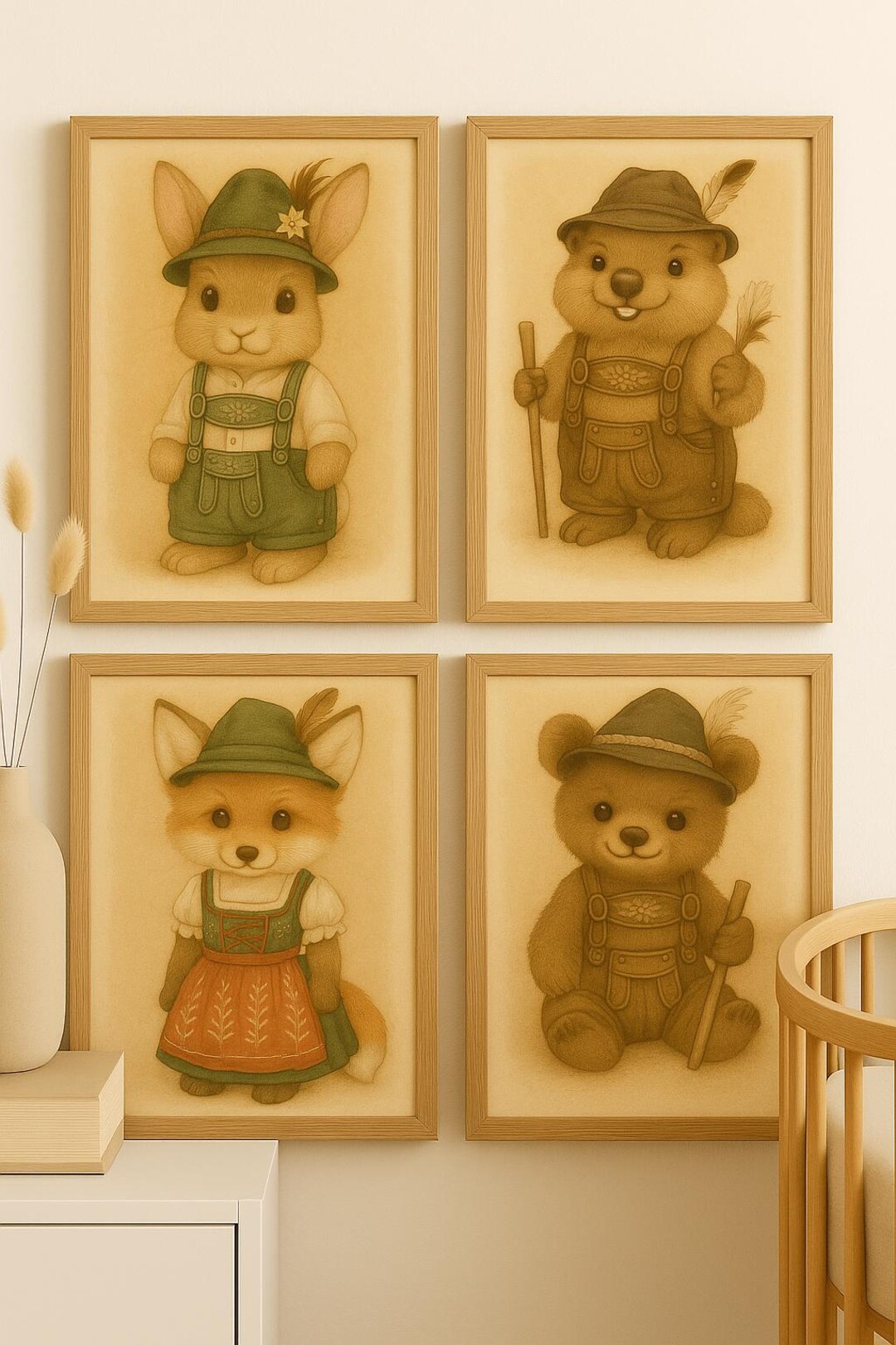 Alpen Tiere Poster Set – 4er Bundle – Vintage Kinderzimmer Deko – Sepia ...