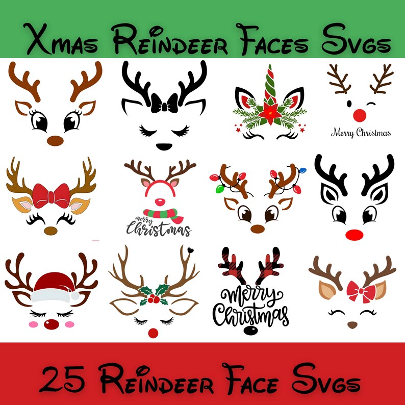 Christmas Reindeer Faces SVG PNG Bundle, Cricut Cut File (instant ...