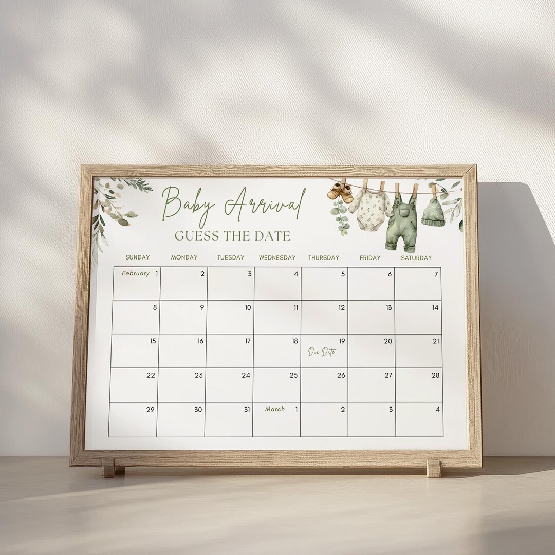 Baby Due Date Calendar Game, Guess the Baby Birth Date, Sage Green ...