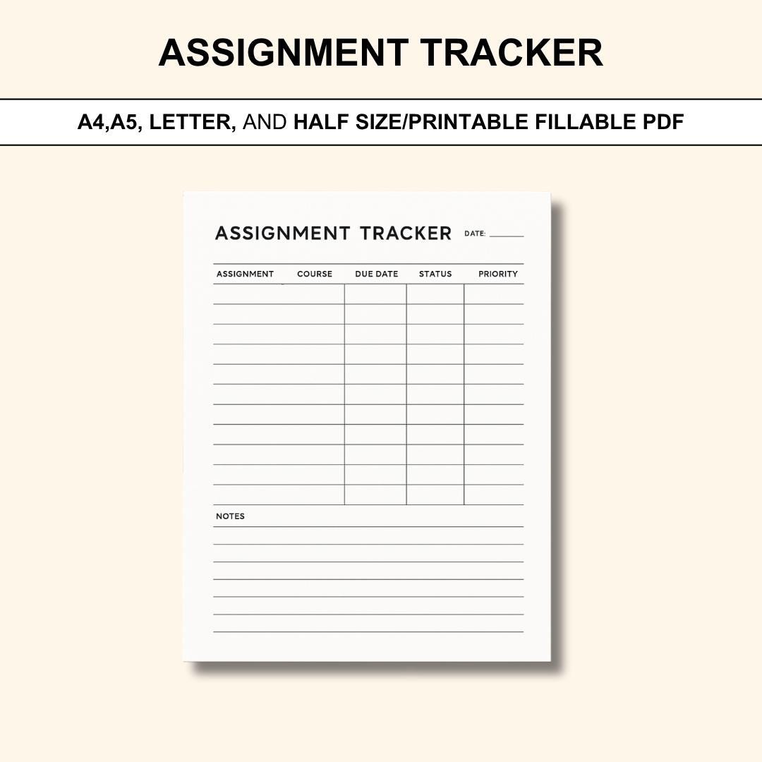 Assignment Tracker Printable – Homework & Due Date Template, A4 A5 ...