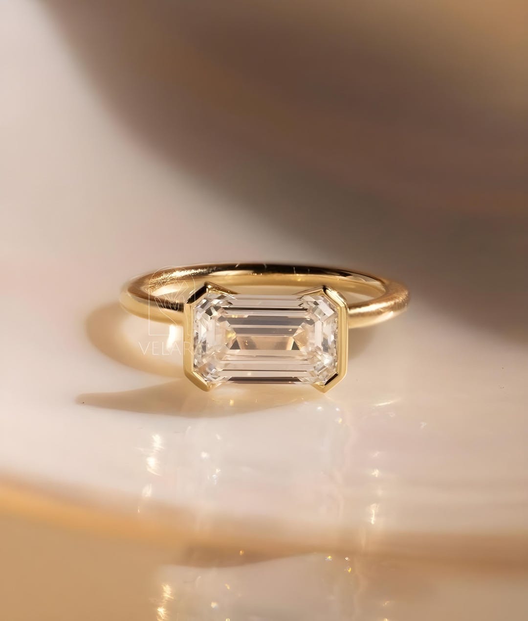 1 CT Emerald Cut Half Bezel Set Solitaire Engagement Ring, East-west ...