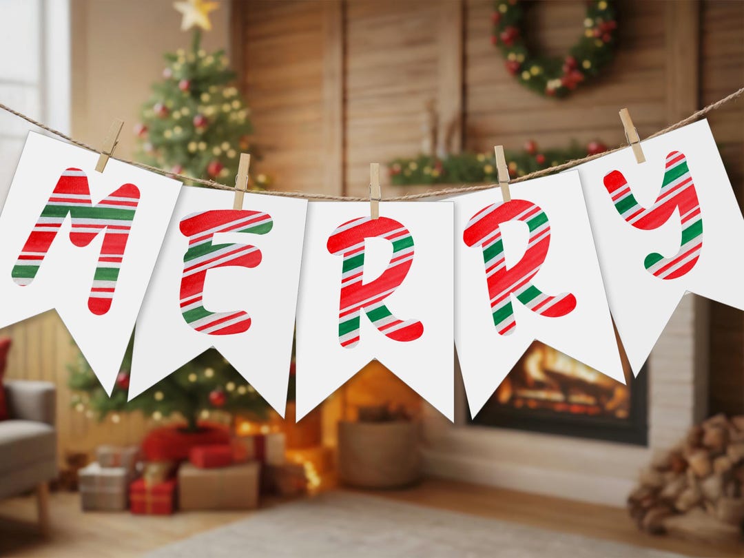 Merry Christmas Banner Printable, Watercolor Flags Red and Green Colors ...