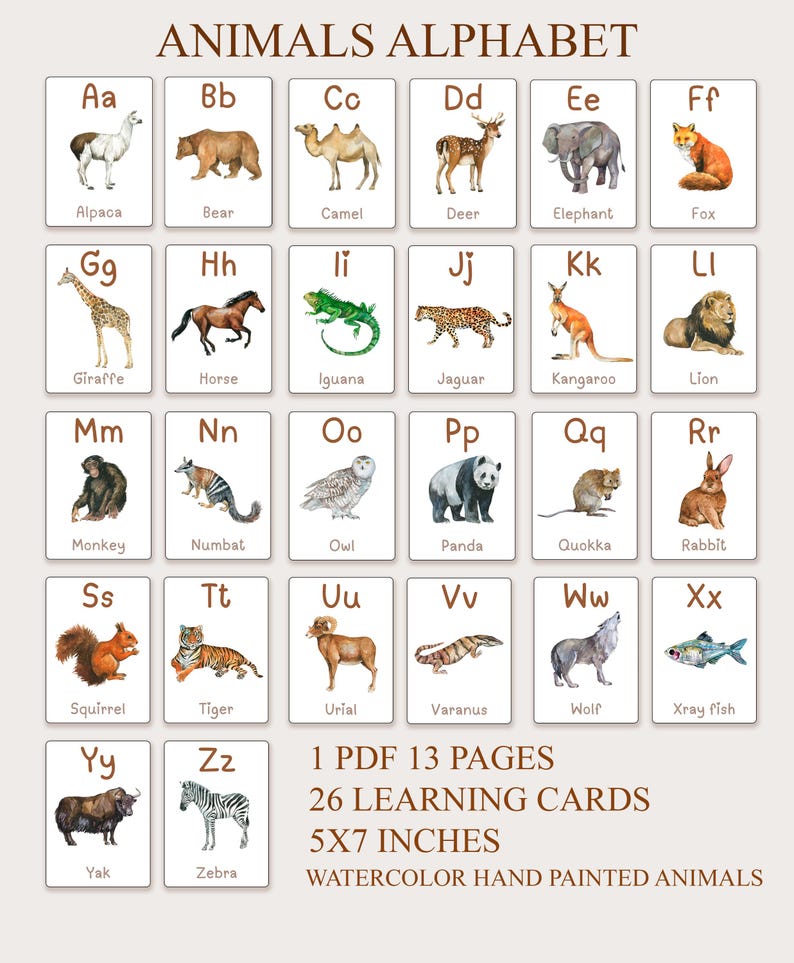 Watercolor Animals Alphabet Flashcards: Printable ABC Cards (PDF ...