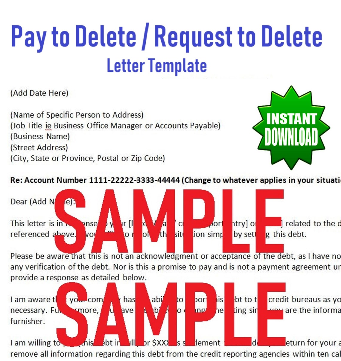Pay for Delete Request Letter Template MS Word .docx Instant Digital ...