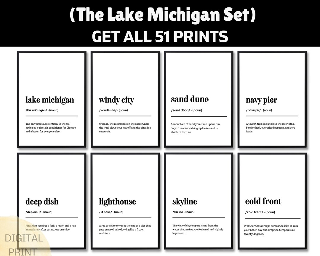 Lake Michigan Funny Definition Print Set, Great Lakes Wall Art, Chicago ...