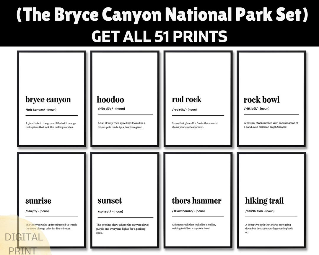 Funny Bryce Canyon National Park Definition Print Set, Humorous Utah ...