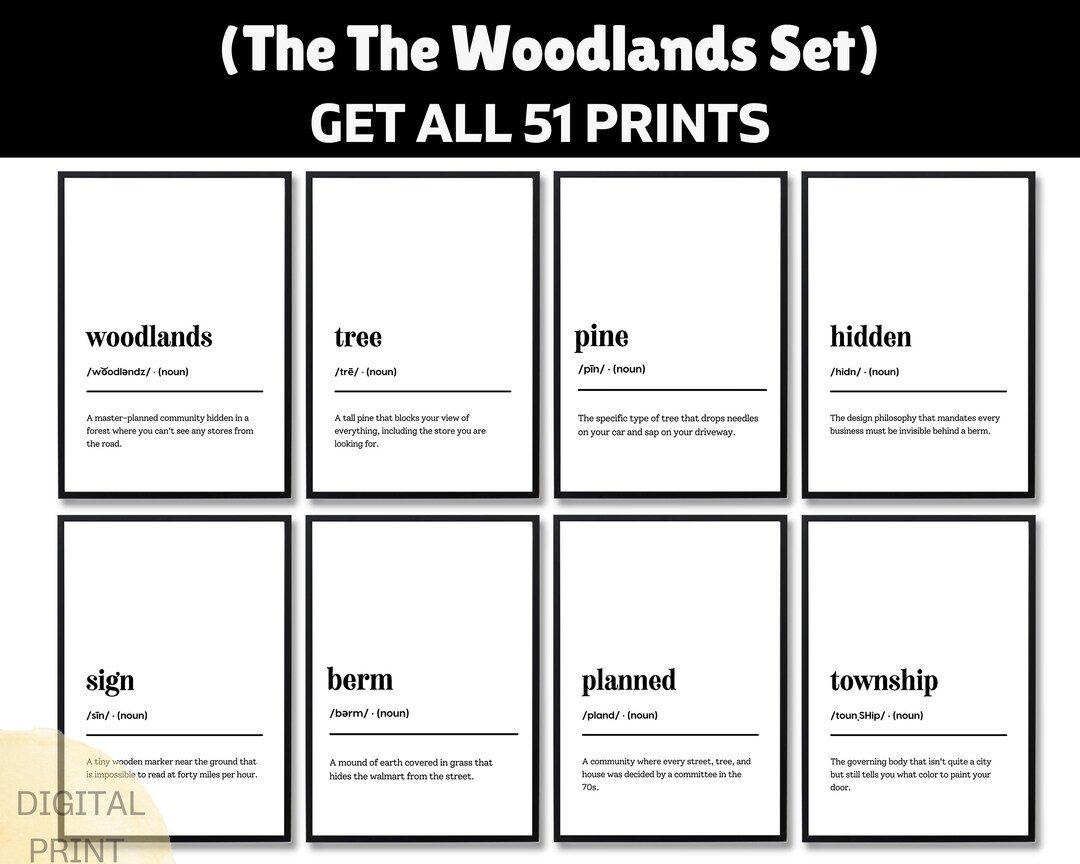 The Woodlands Definition Print Set, Funny Houston Suburb Wall Art ...