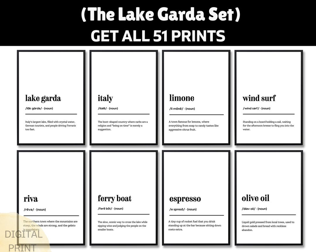 Lake Garda Funny Definition Print Set, Italian Alps Wall Art, Italy ...