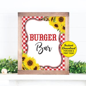 Burger Bar Sign, BBQ Baby Shower, Hamburger Sign, Printable Food Table ...