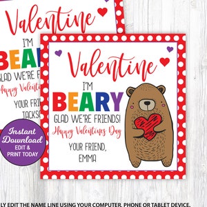 Valentine Bear Tags, I'm Beary Glad We're Friends, Candy Kid Valentine ...