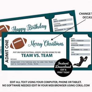 Editable Football Game Gift Ticket, Christmas Present, Birthday ...