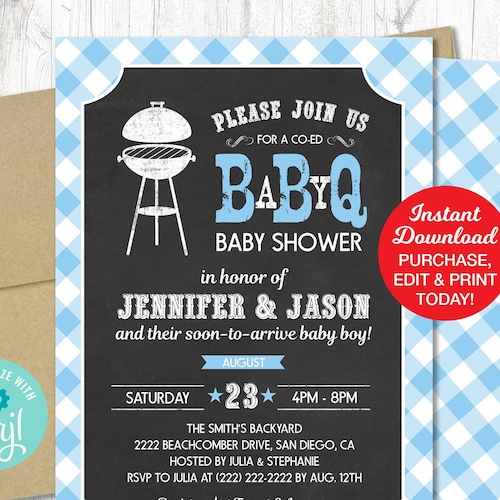 Baby Q Shower Invitation Light Blue BBQ Baby Shower | Etsy