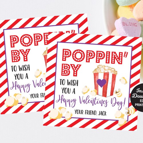 Popcorn Valentines Day Tag Printable Kids Valentine Card | Etsy