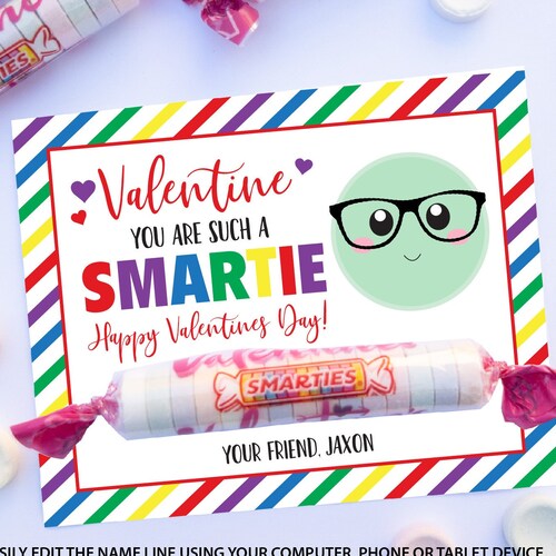 Smartie Valentines Day Tag Printable Kids Valentine Card - Etsy