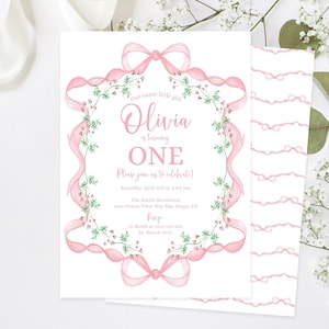 EDITABLE Bow Birthday Invitation, Pink Girl Birthday Invite, Watercolor ...
