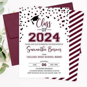 Editable Graduation Party Invitation, Burgundy Class of 2025 ...