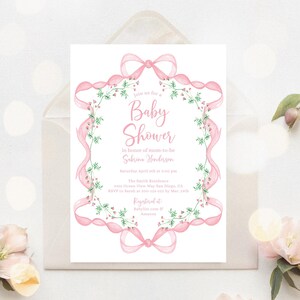 EDITABLE Pink Bow Baby Shower Invitation, Baby Girl Sweet Baby Shower ...