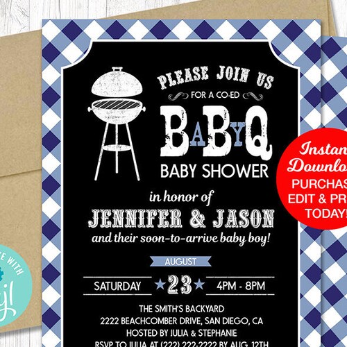 Baby Q Shower Invitation Light Blue BBQ Baby Shower | Etsy